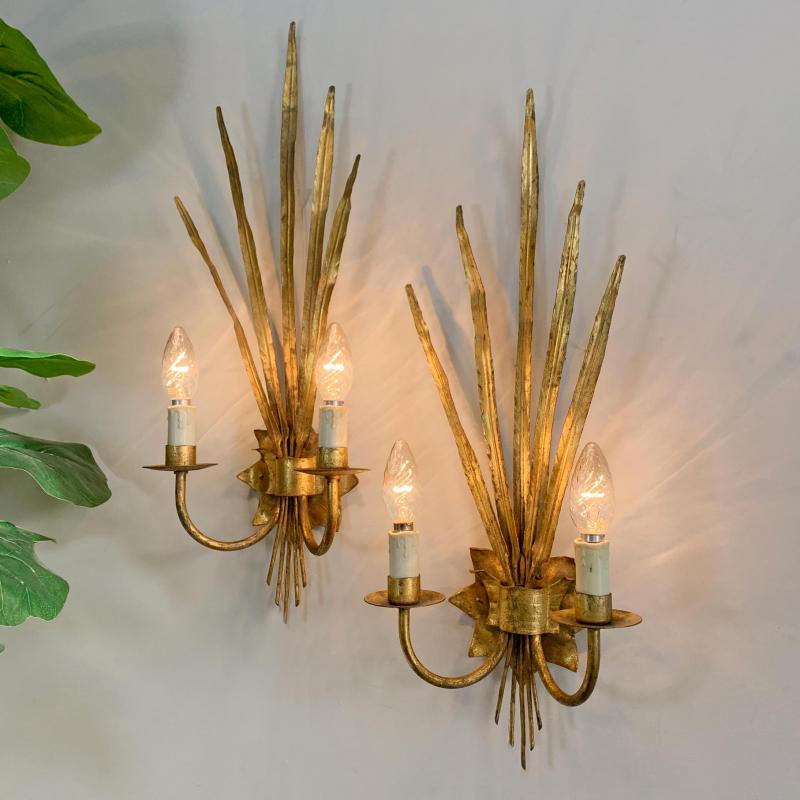 Ferro Art - Pair Of Very Large 1950'S Gold Reed Leaf Wall Lights By ...