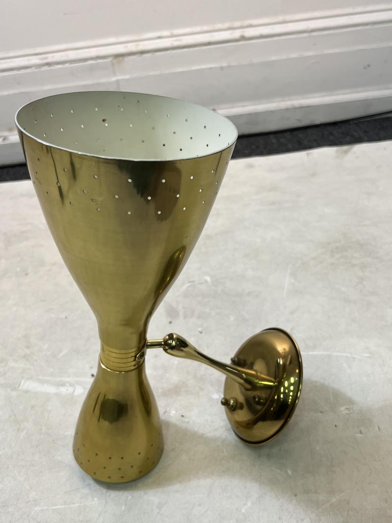 Lightolier - MID CENTURY MODERNIST BRASS PERFORATED DOUBLE CONE SCONCE