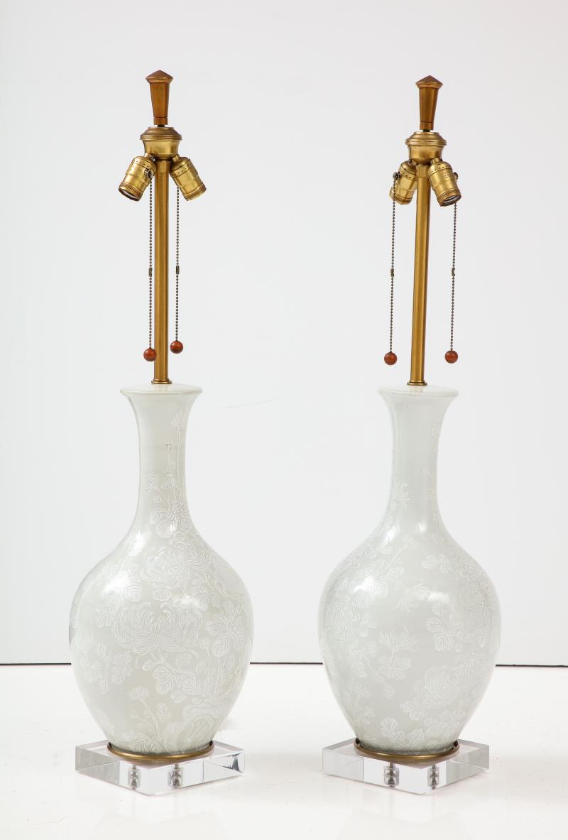 Marbro Lamp Company - Marbro White, Beige Chrysanthemum Porcelain Lamps