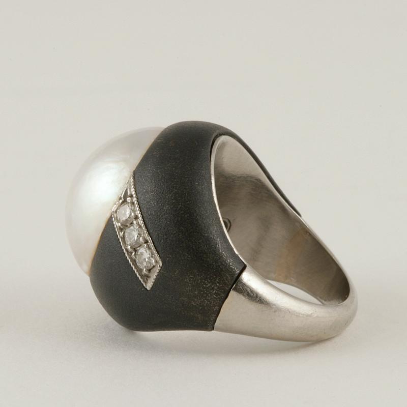 Marsh & Co. - Patinated Steel, Palladium, Pearl and Diamond Ring by Marsh
