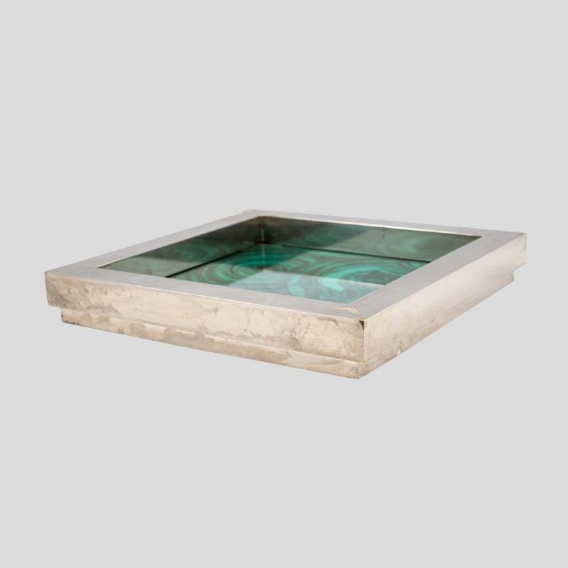 1970s silver plated square tray with Malachite silk