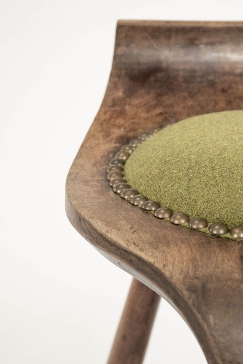 19th Century Hand-Carved Stool with Circular Upholstered Seat