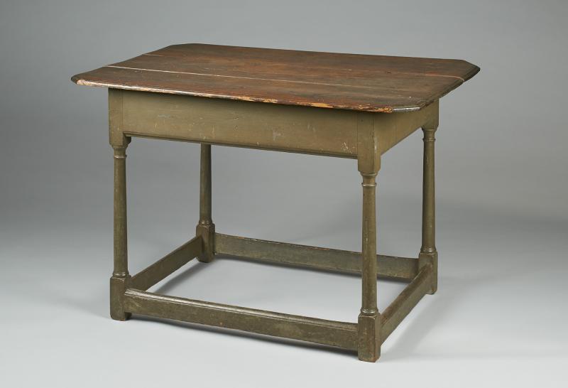 A Painted Hard Pine Stretcher Base Table, Mid 18th Century