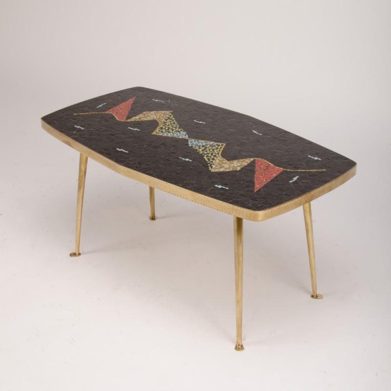 Mid Century Modern German coffee table with mosaic top on brass metal ...