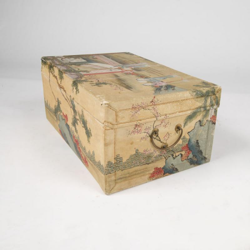 A large decorative Chinese Pig Skin trunk with brass hardware, late ...