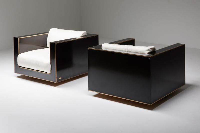 Alain Delon - Maison Jansen Pair of Cubic Lounge Chairs in Black and ...