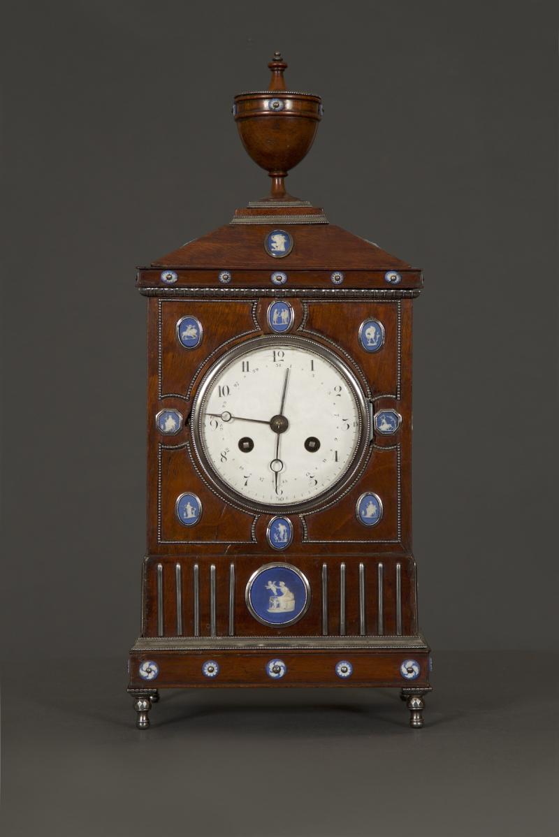 Wedgwood - An Unusual Mahogany, Steel And Wedgwood Mounted Mantel Clock