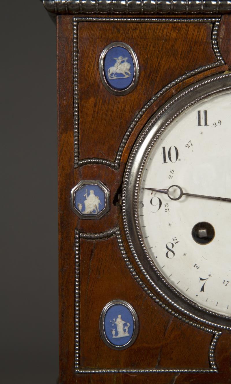 Wedgwood - An Unusual Mahogany, Steel And Wedgwood Mounted Mantel Clock