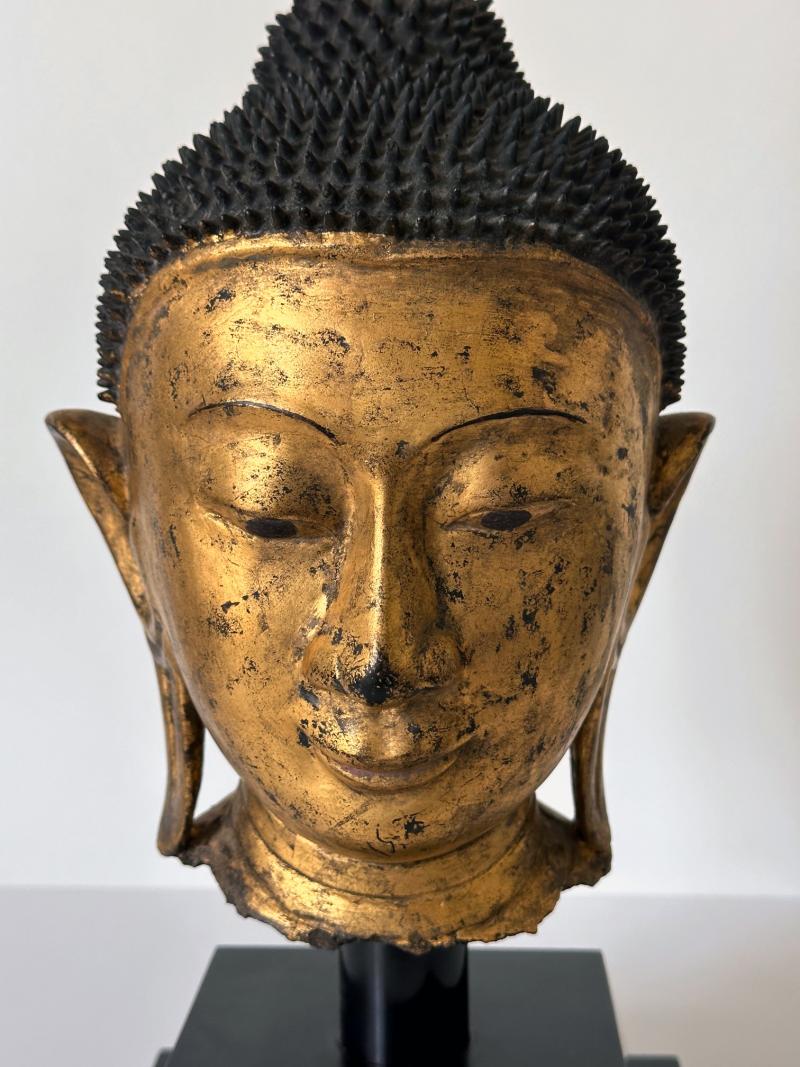 Antique Burmese Gilt Wood Buddha Head Sculpture on Stand