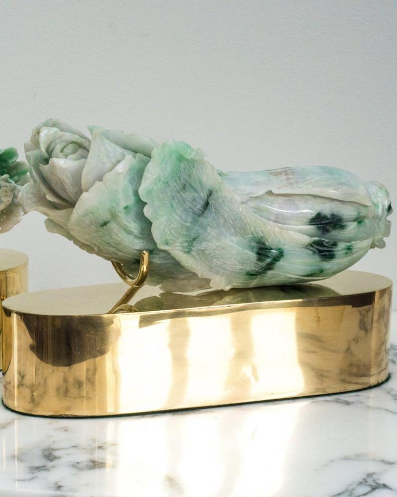 Antique Carved Green Jade Cabbage on Brass Base by Studio Maison Nurita
