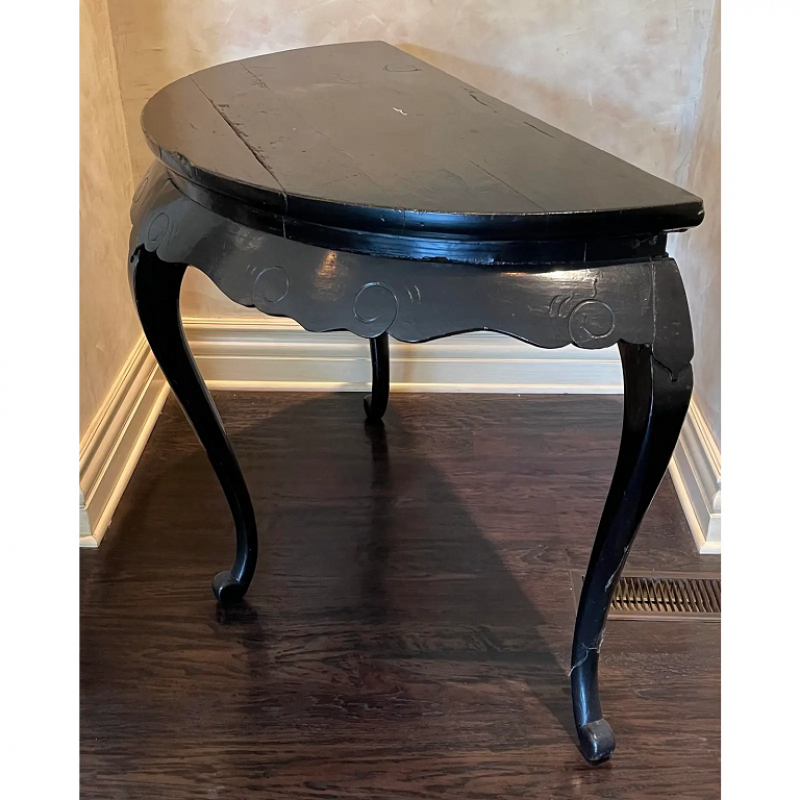 Antique Chinese Black Lacquer Demilune Console Tables