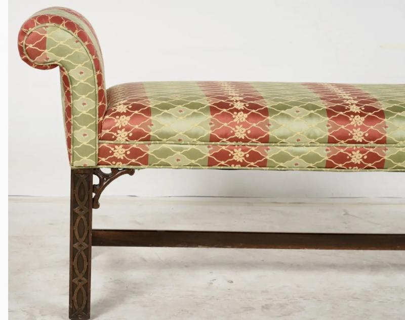 Antique Chinese Chippendale Style Upholstered Mahogany Roll Arm Bench