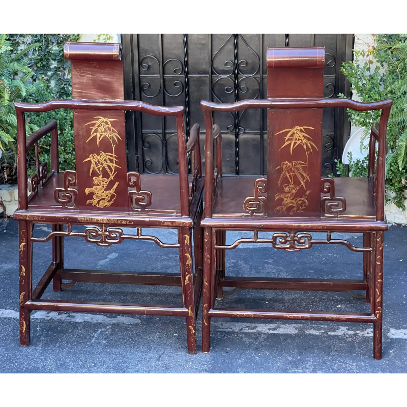 Antique Chinese Red Lacquer Arm Chairs - a Pair