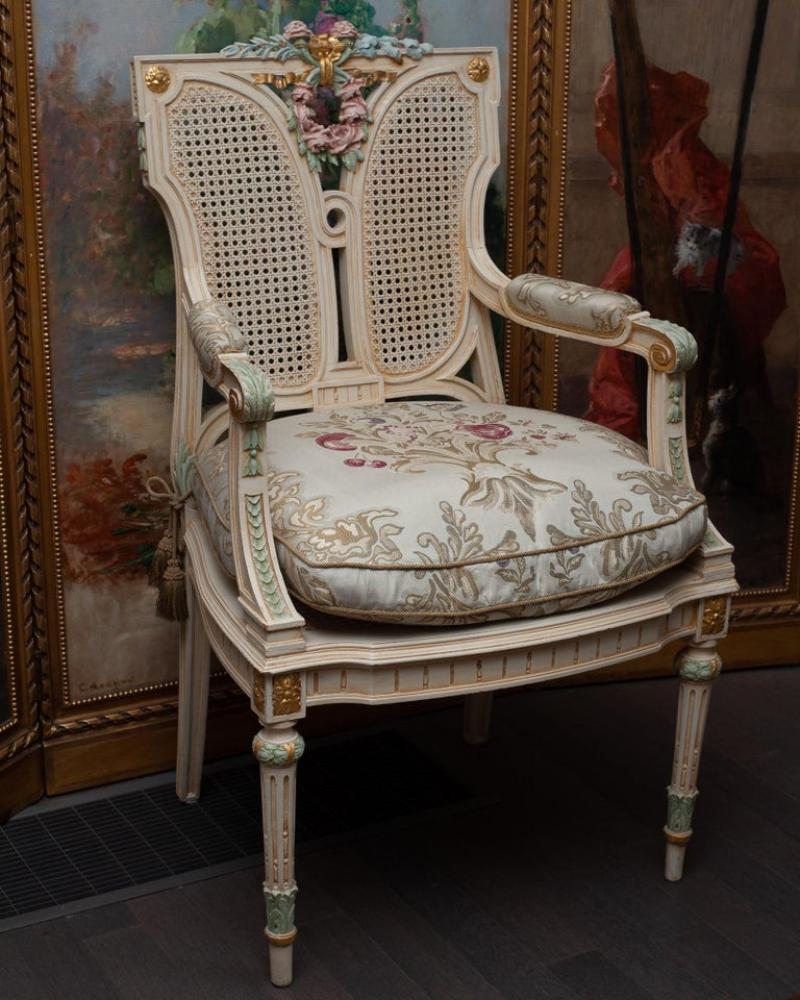 Antique French Handpainted Chair with Cane Webbing and Brocade Upholstery