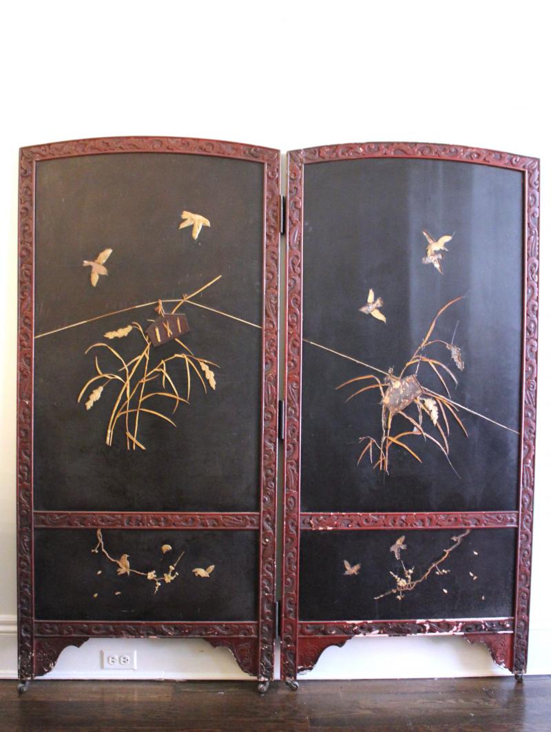Antique Japanese Black Lacquer Screen