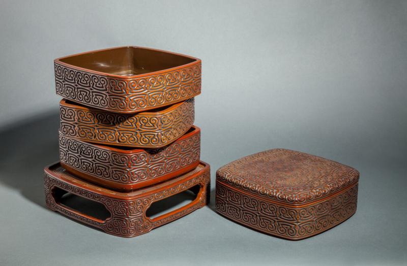 Antique Japanese Dramatically Carved and Lacquered Stack Box on Stand