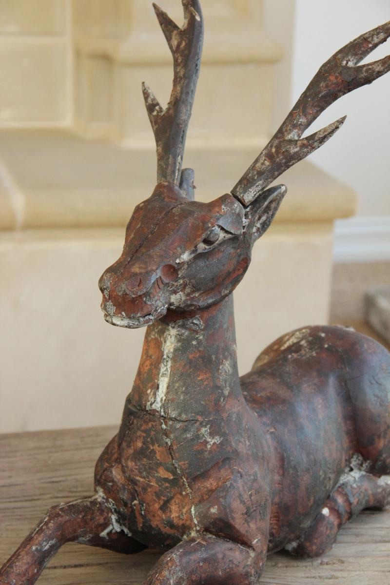 Antique Pair Of Solid Wood Deer Statues