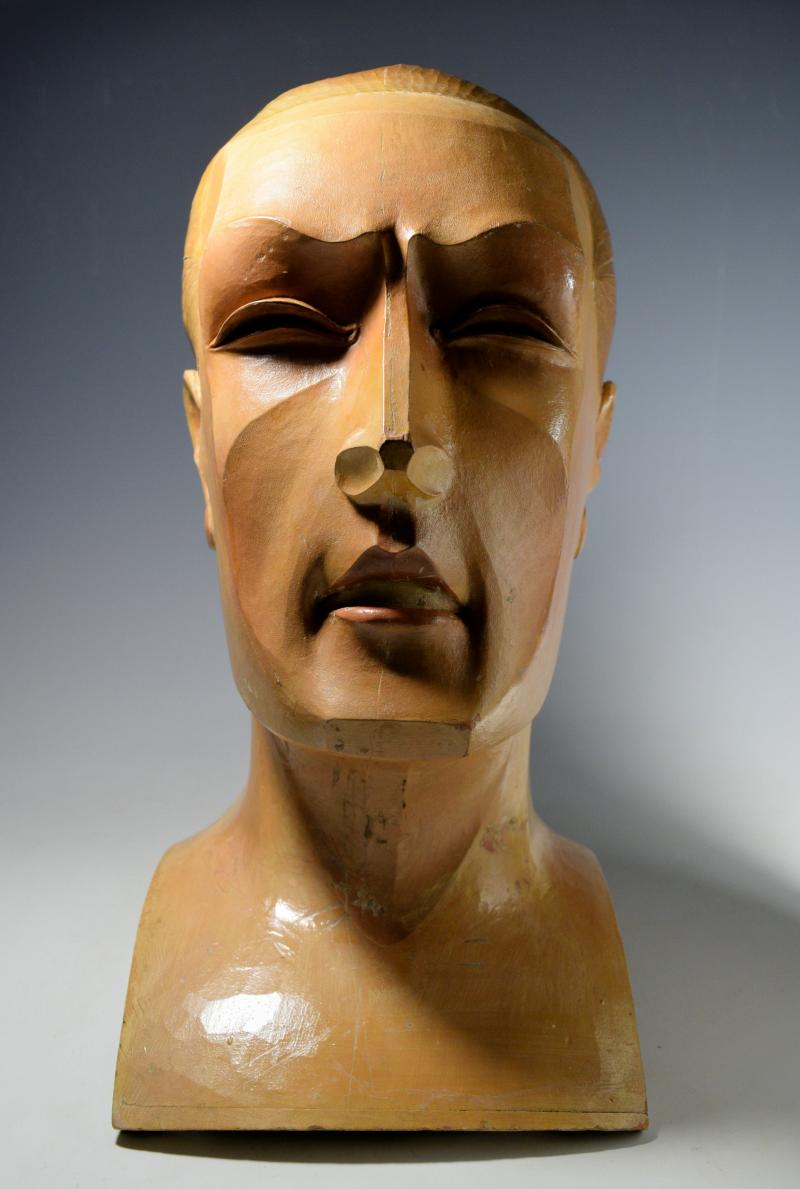 Art Deco Cubist Carved Wood Head in the manner of Pierre Imans Paris 1920