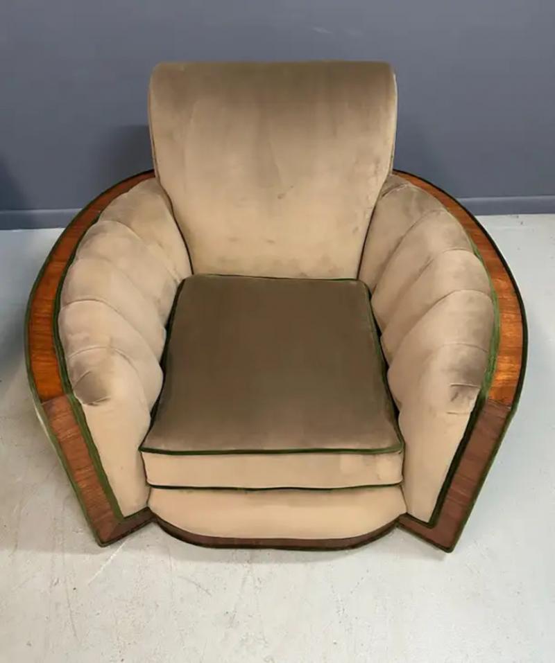 Art Deco Pair of Luxurious Tank Lounge Chairs In Mocha Velvet with ...