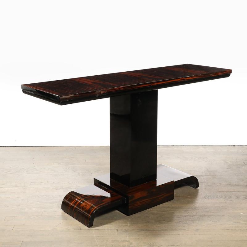 Art Deco Streamline Zebra Wood Console Table W/ Black Lacquer Accents