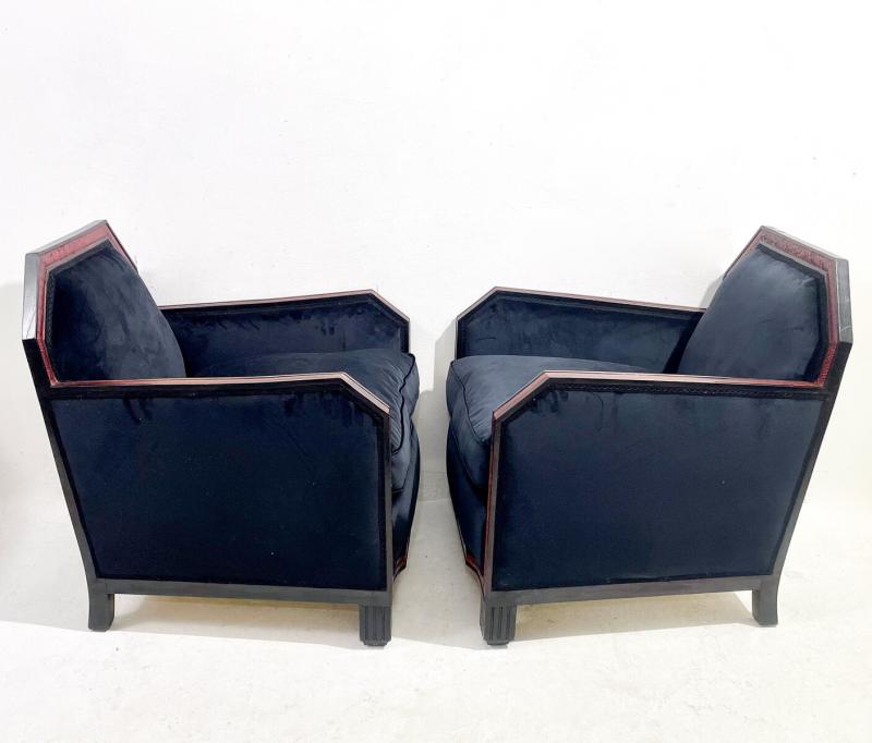 Art Deco Style Black Velvet and Red Snake Skin Sofa & Armchairs Set
