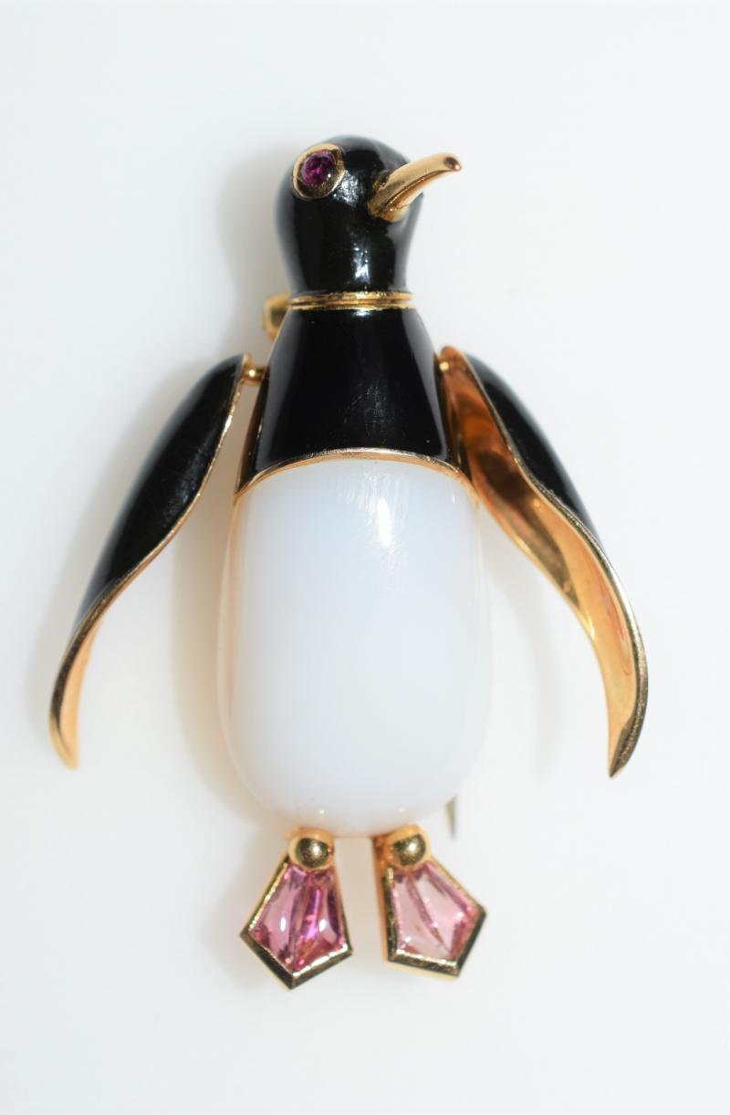 Articulated Penguin Brooch 18K Enamel and Agate