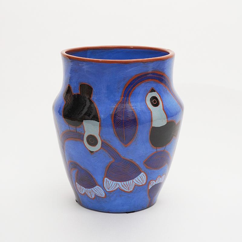 Beatriz Garrigo - INDIGO CERAMIC MID VASE C WITH BLACK AND BLUE BIRDS
