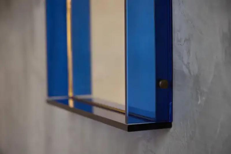 Blue Coloured and Mirrored Glass Wall Mirror, Italy, 1960s