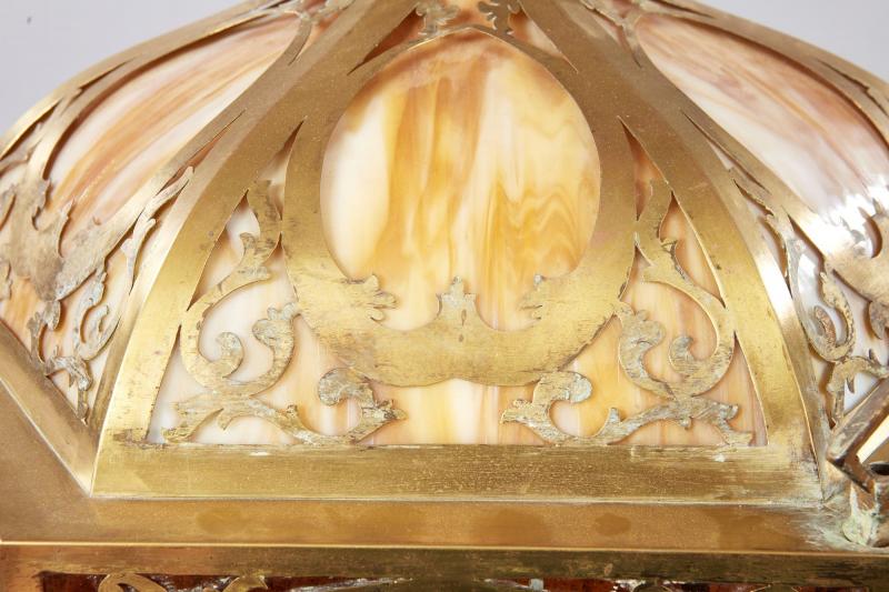 Brass and Slag Glass Arts and Crafts Pendant Fixture