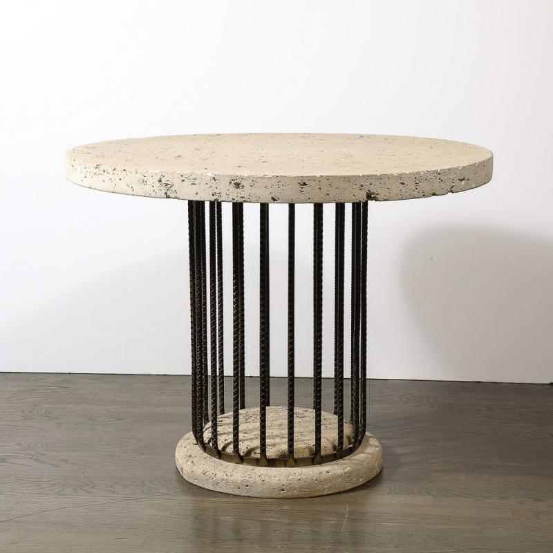Brutalist Rebar and Fossilized Limestone Dining Table