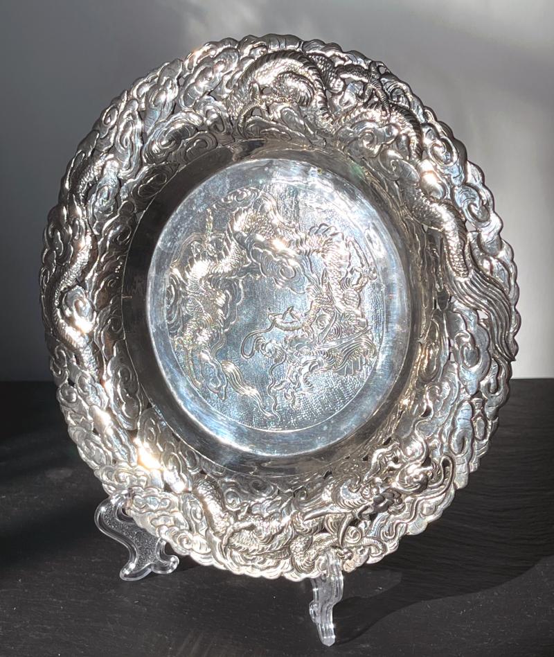 Chinese Export Silver Dragon Serving Tray