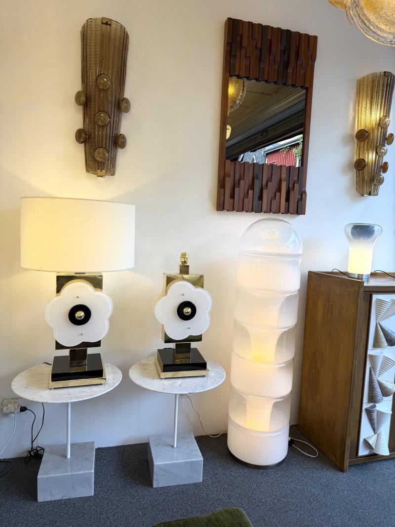 Contemporary Pair of Brass and Murano Glass Big Flowers Lamps, Italy