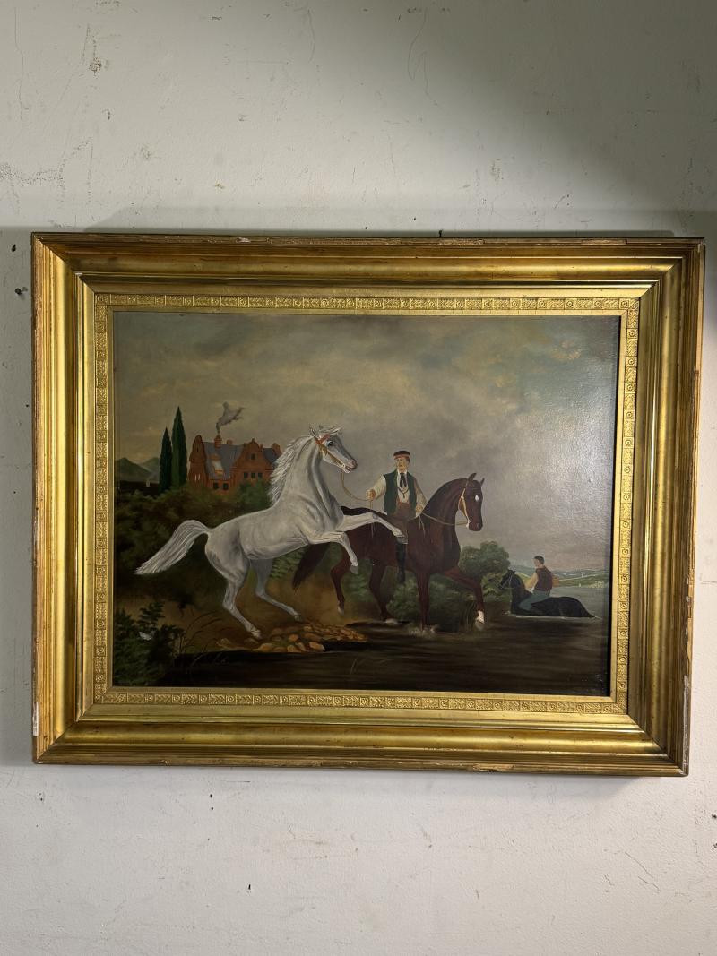EUROPEAN ANTIQUE HORSES/RIDERS ON RIVER BANK NEAR MANSION PAINTING