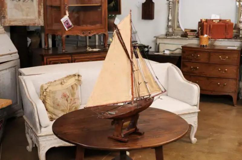 English 1920s Gaff Cutter Four Sail Pond Yacht on Stand with Solid Hull