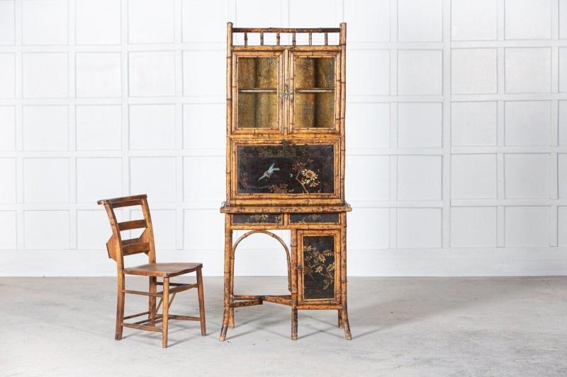 English 19thC Chinoiserie Lacquer Glazed Bamboo Secretaire
