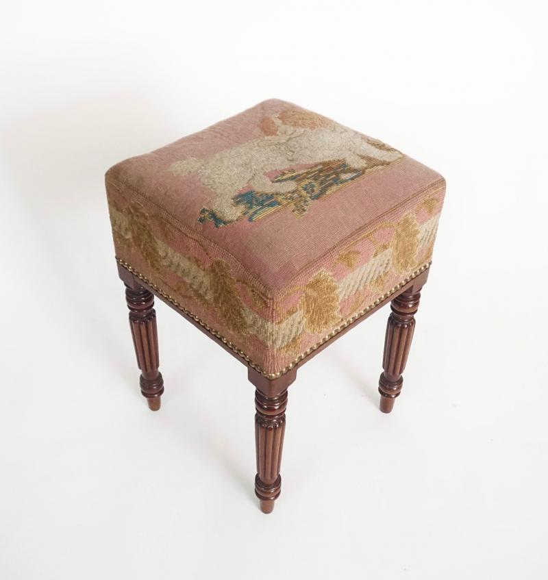 English Regency Mahogany Stool with Original Needlepoint of a Spaniel ...