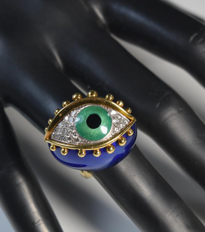 Fantastic Surreal Eye Ring Enamel 18k Diamonds