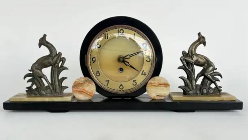 French Art Deco Marble Onyx Mantel Clock with Gazelles Signed Ucra 1930s