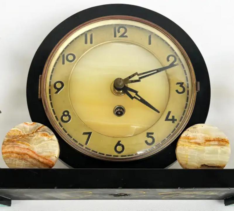 French Art Deco Marble Onyx Mantel Clock with Gazelles Signed Ucra 1930s