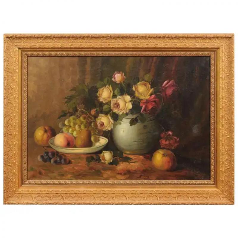 French Napoleon III 1860s Still-Life Oil Painting Depicting Roses and ...