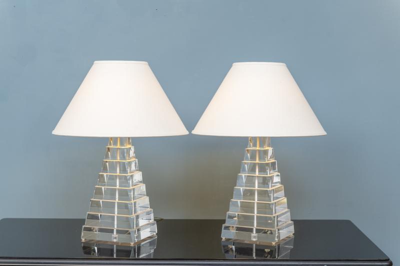 George Bullio - Lucite Pyramid Form Table Lamps by George Bullio