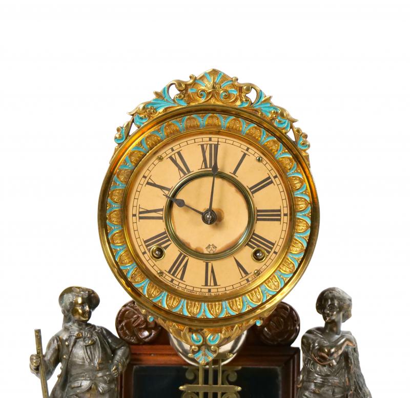 Glass Dome Bronze / Wood Base Porcelain Face Mantel Clock