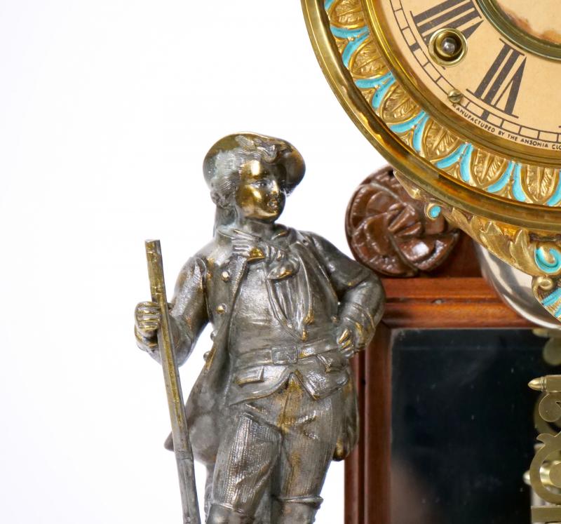 Glass Dome Bronze / Wood Base Porcelain Face Mantel Clock
