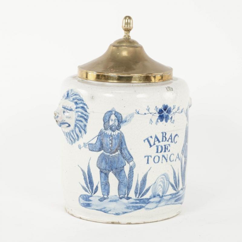Glazed Earthenware Blue and White Delft "Tabac de Tonka" Tobacco Jar