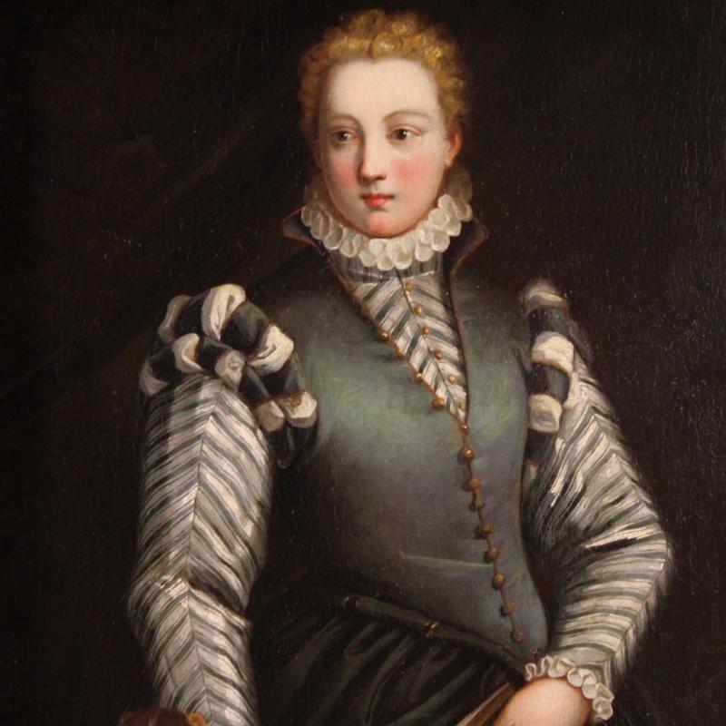 Great 16th century portrait painting of a lady with a dog