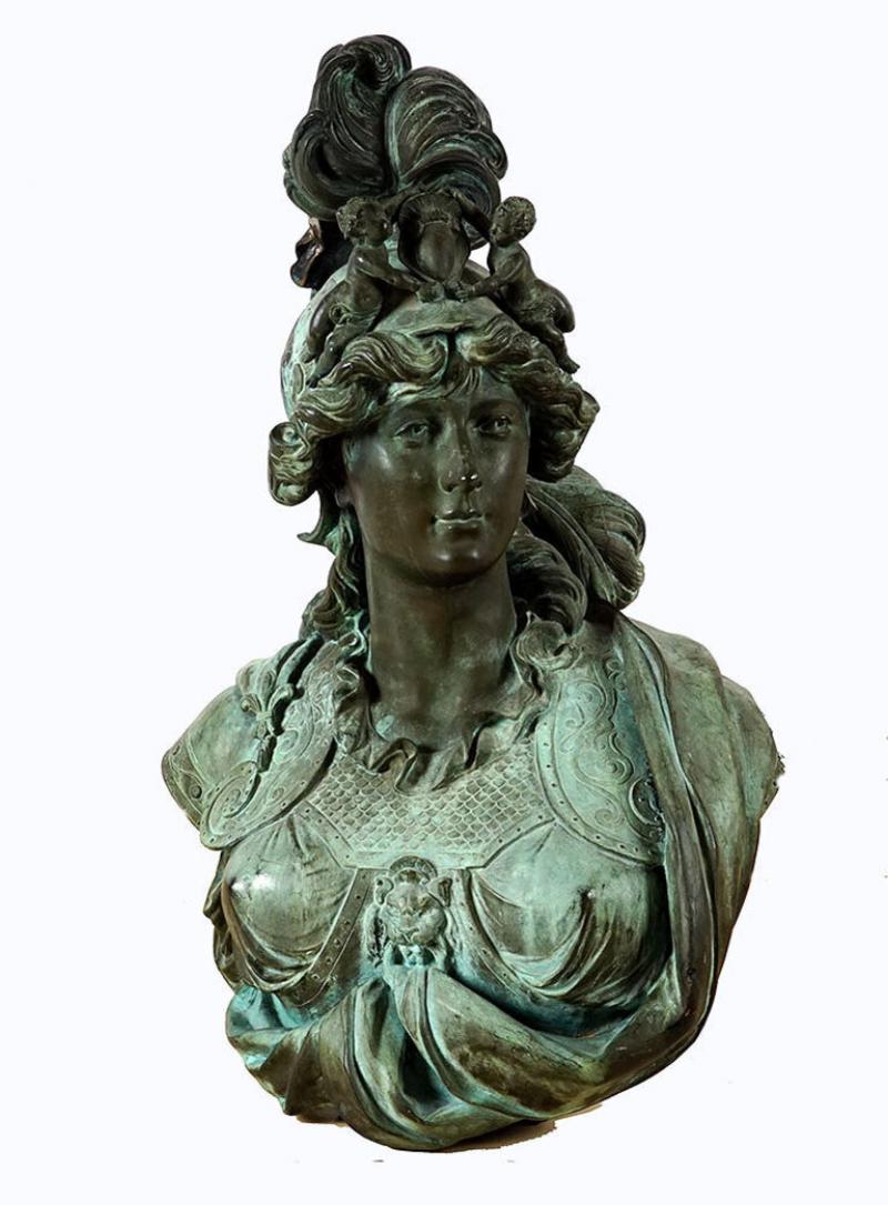 IMPORTANT PAIR OF PATINATED CAST BRONZE SCULPTURES OF BELLONA AND MINERVA