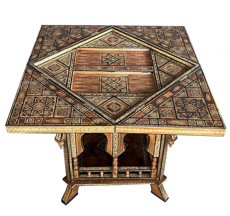 Intricately Inlaid Moorish Square Game Table with Pivoting Handkerchief Top
