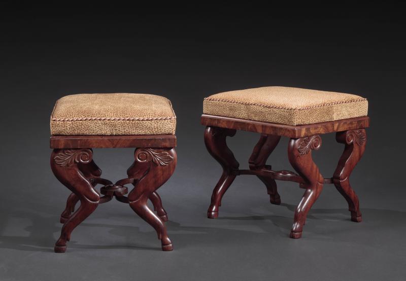 Isaac Vose - Pair of Carved Mahogany Footstools with Cloven Hooves