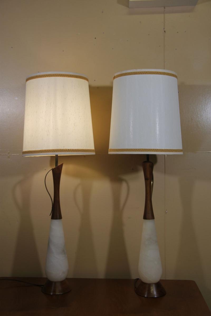 Italian Alabaster Lamps With Original Shades and Finials