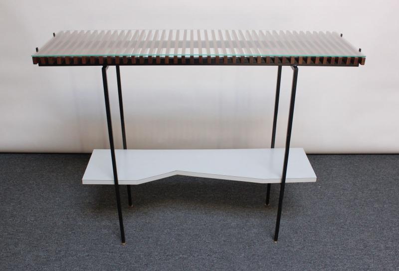 Italian Modernist Glass Top Console Table in Lacquered Steel and Walnut